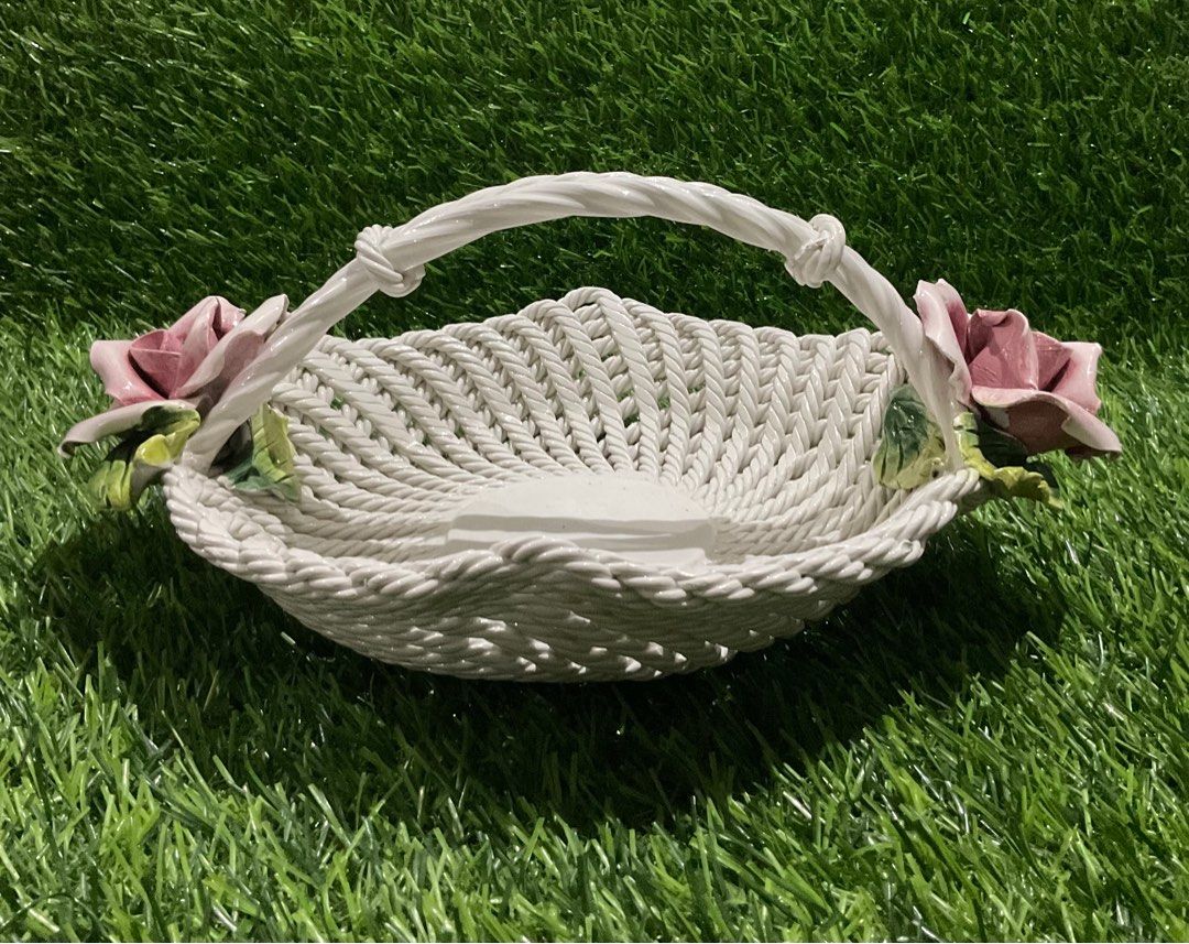 Vintage Capodimonte Italy Woven Lattice Porcelain Flower Basket Pink ...