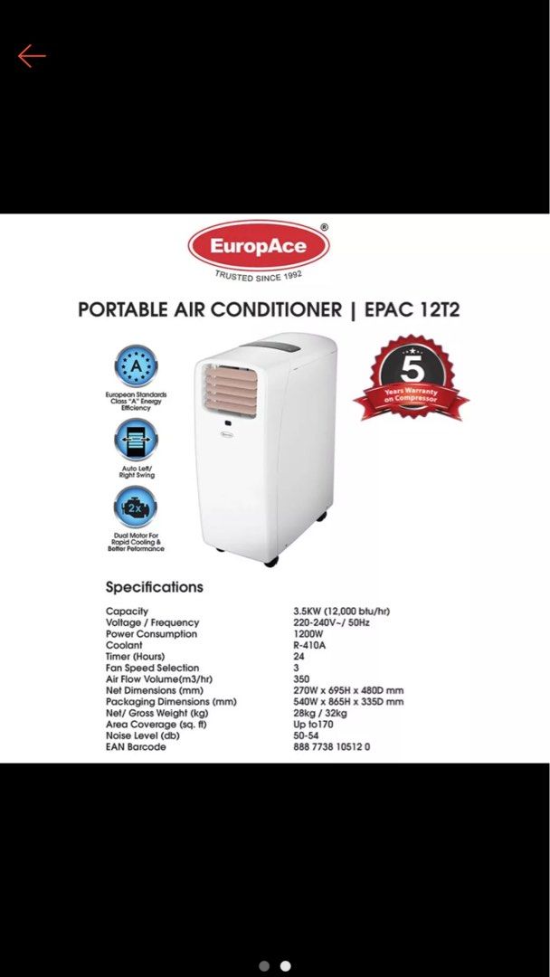 EuropAce Portable Aircon 12,000 BTU, TV & Home Appliances, Air ...