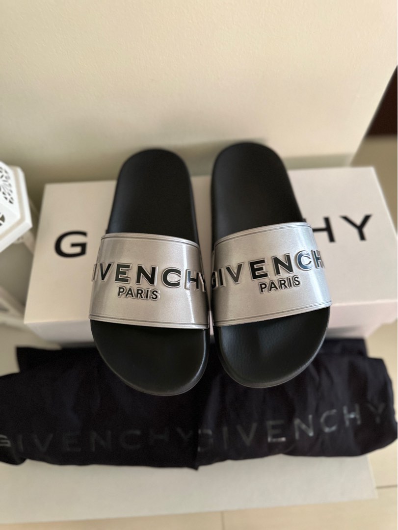 GIVENCHY Paris Black Silver Logo Pool Slides, Women's Fashion, Footwear ...