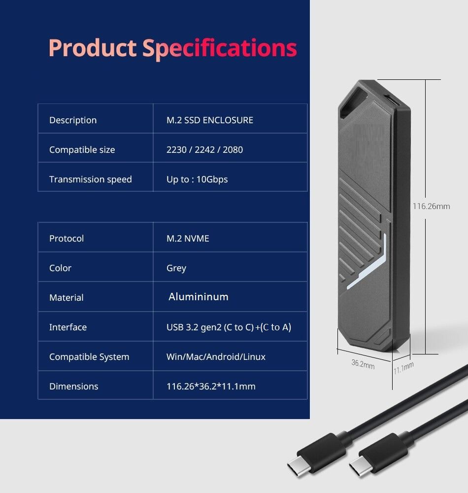 JMS583 M.2 NVMe SSD RGB Aluminium External Enclosure Case USB Type-C ...