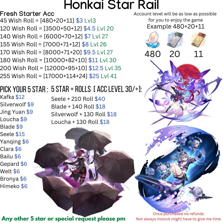[Kafka] Honkai Star Rail Starter Account / All 5 star, Seele , Jing Yuan, Luocha, Silverwolf ...