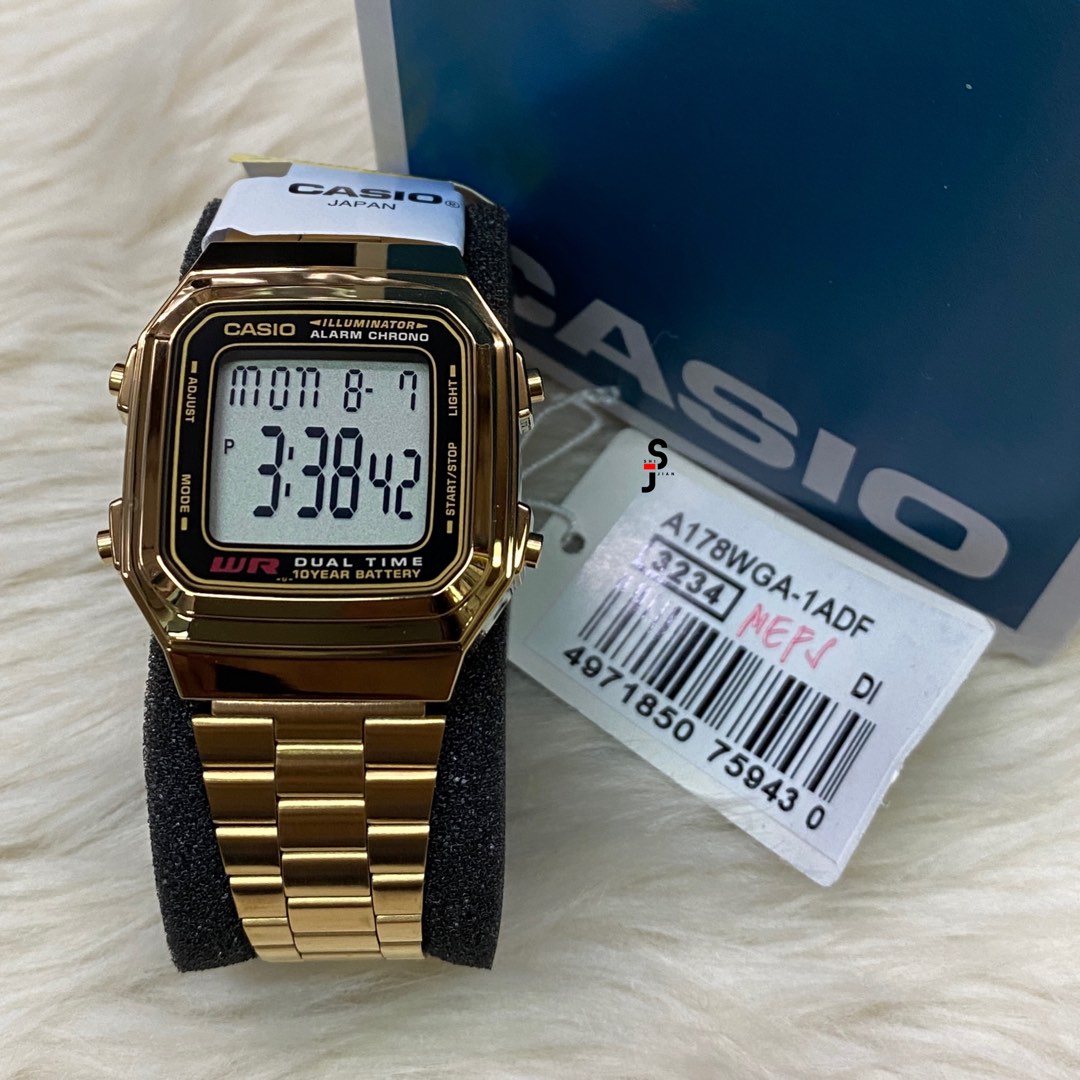 Original Casio Digital Gold Stainless Steel Strap Watch A178WGA-1ADF on ...