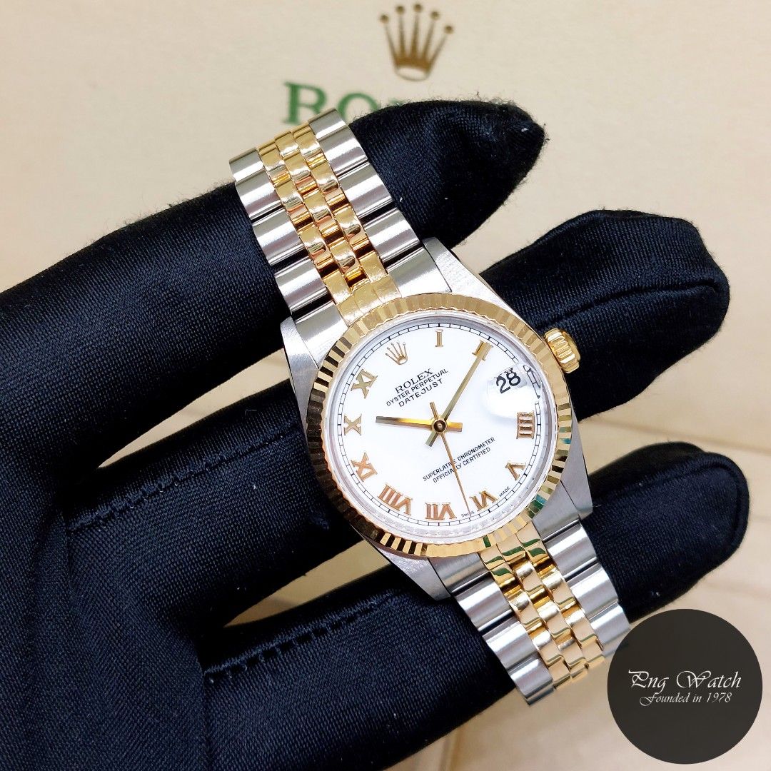 Rolex 31mm Oyster Perpetual 18K Half Yellow Gold White Roman Dial ...