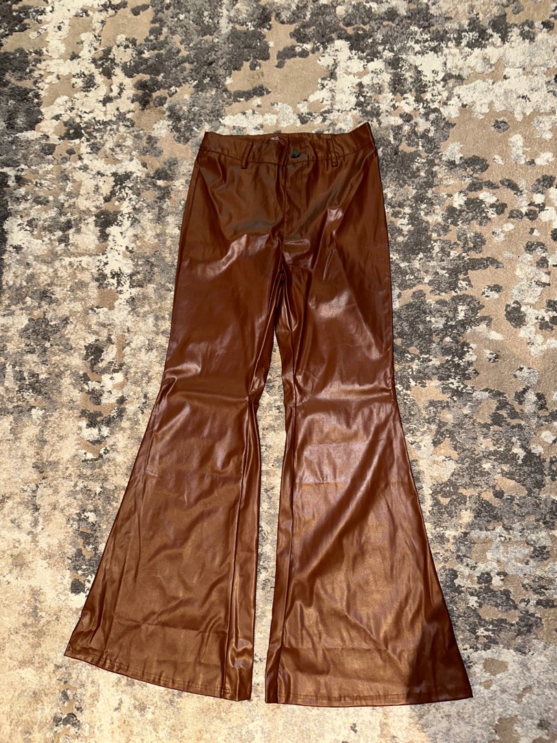 Shein Faux Leather brown flared pants, Women's Fashion, Bottoms, Jeans ...
