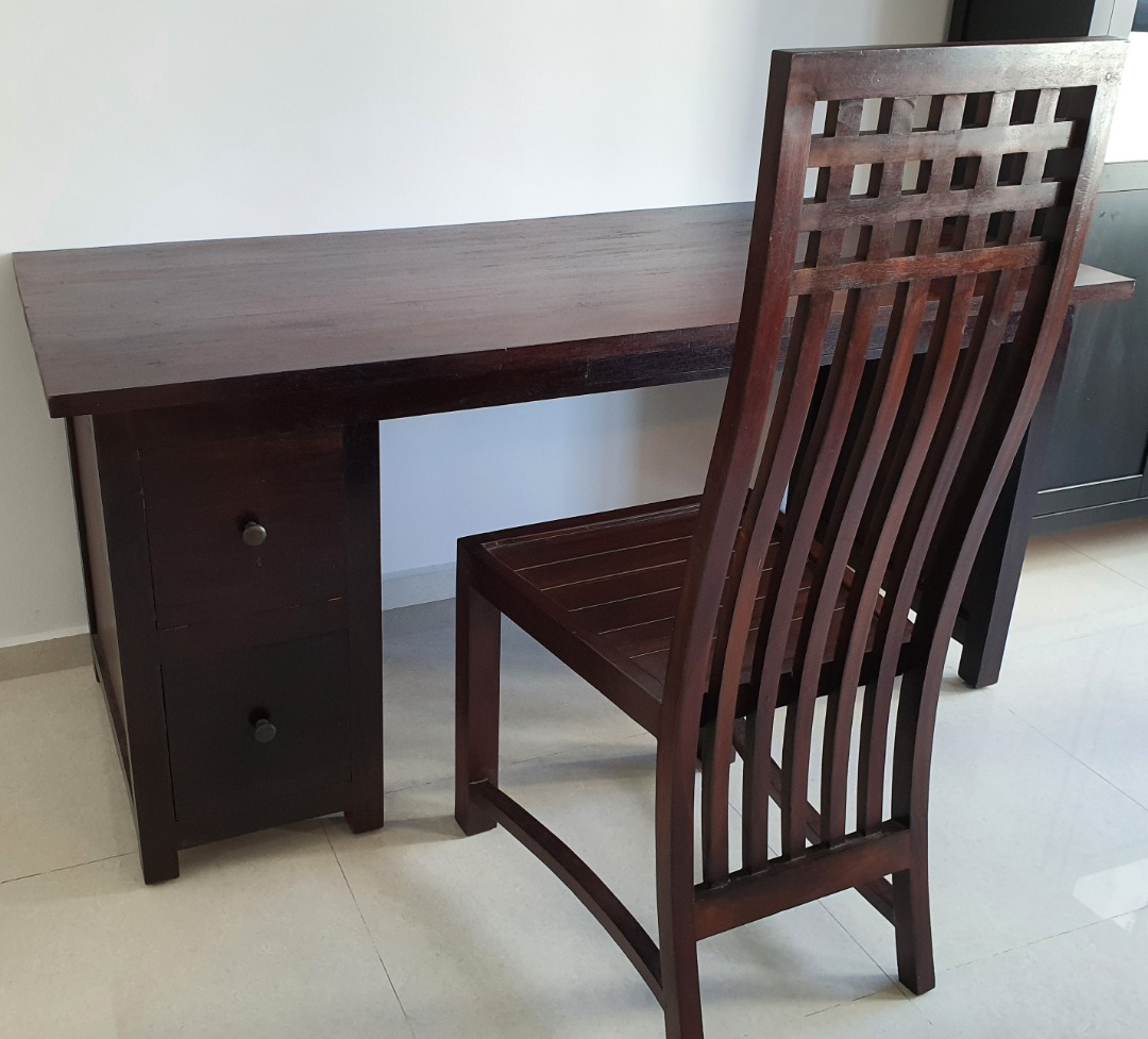 Teak wood computer & study desk with high back chair set, Furniture ...