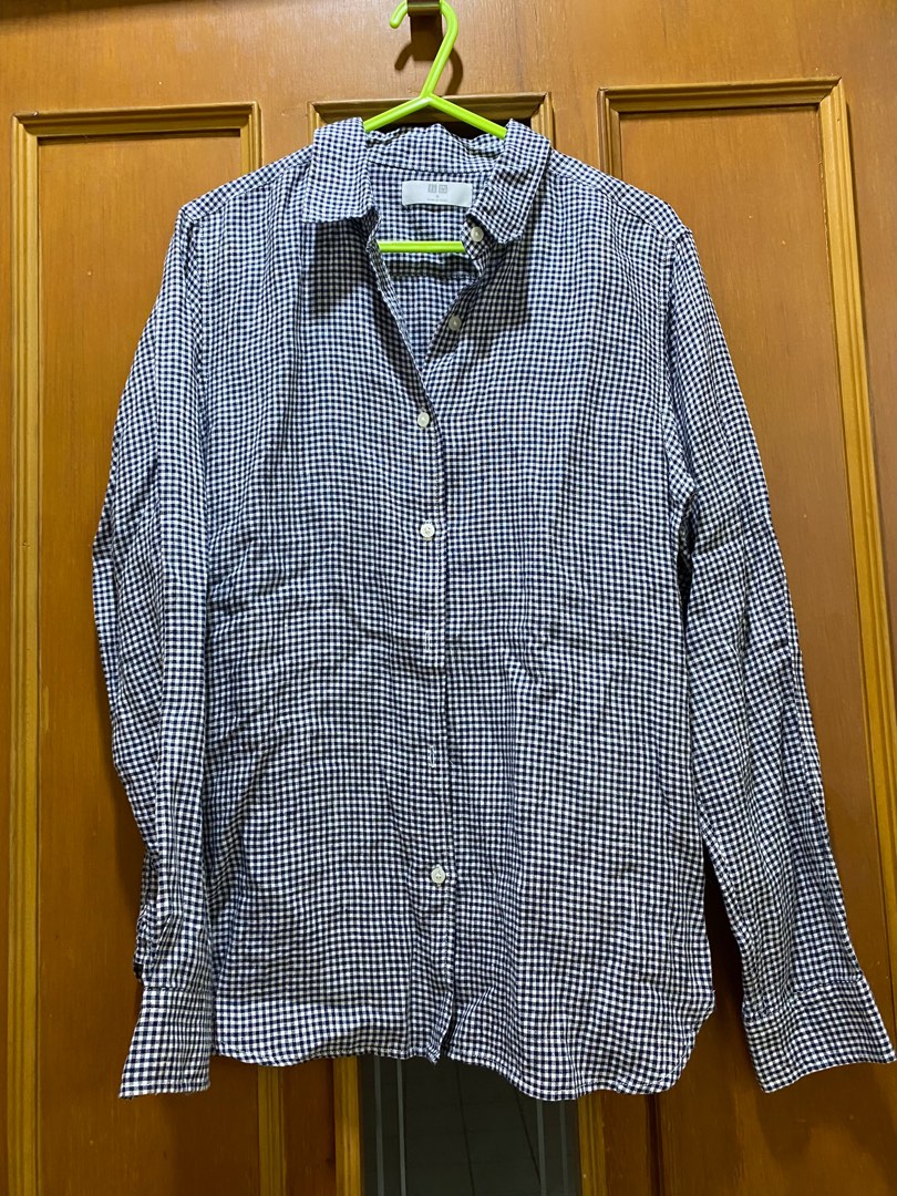 Uniqlo Black and White Plaid Linen Polo Shirt, Women's Fashion, Tops ...