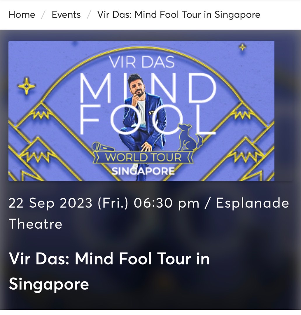 Vir Das: Mind Fool Tour in Singapore Cat4- 2 tickets, Tickets ...