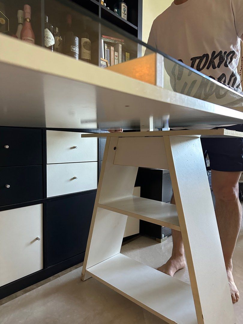 White glass top study table with side shelves, Furniture & Home Living ...