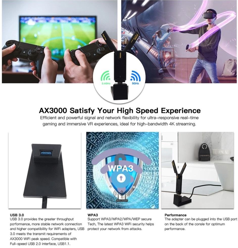 WiFi6 6E AX3000 USB 3.0 WiFi Adapter 3000Mbps Tri-Band 2.4G/5G/6GHz Wireless Network Card WiFi 6 ...