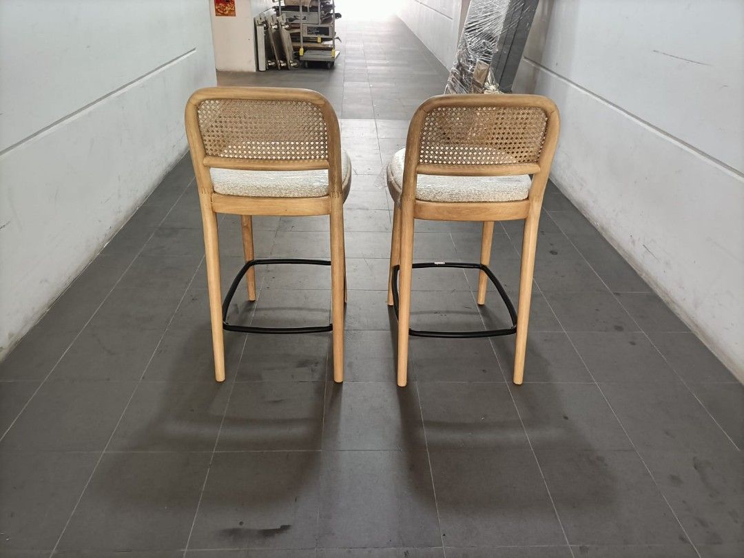 2 x VOLONIA III Rattan Counter Stools in WHITE WASH BOUCLE FABRIC ...