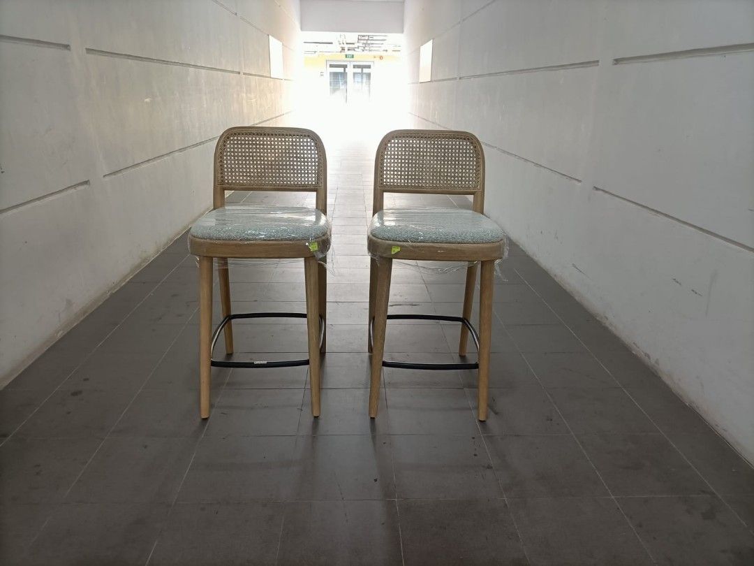 2 x VOLONIA III Rattan Counter Stools in WHITE WASH BOUCLE FABRIC ...