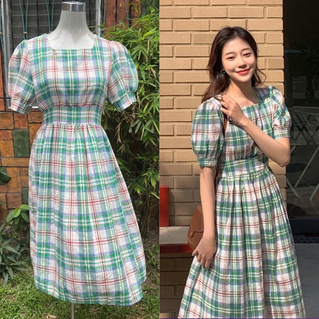 Cottagecore Dress - Cottage Core Plaid Dress - HQ Korean Dress with Bow ...
