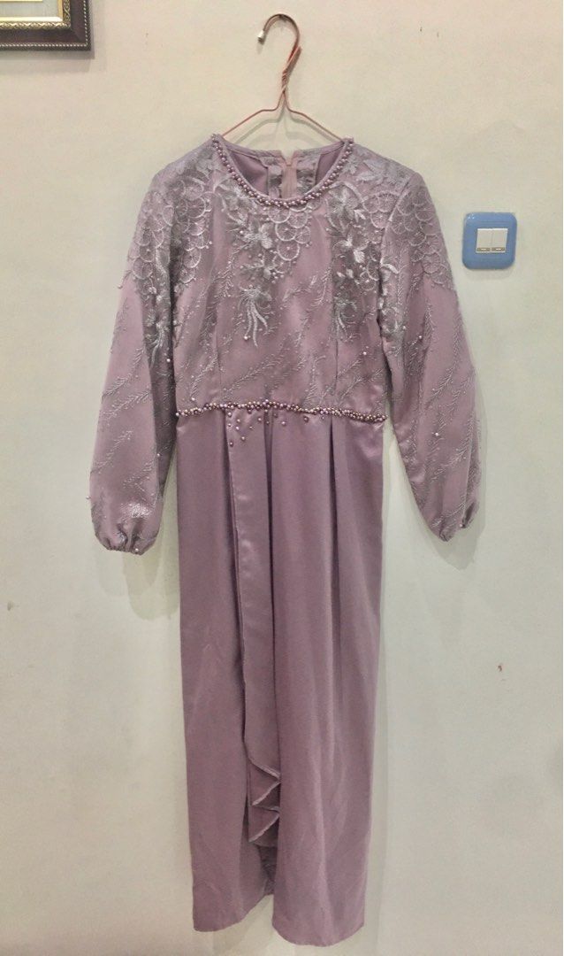 Dress Kondangan Kain Satin+brokat Lilac, Fesyen Wanita, Pakaian Wanita ...