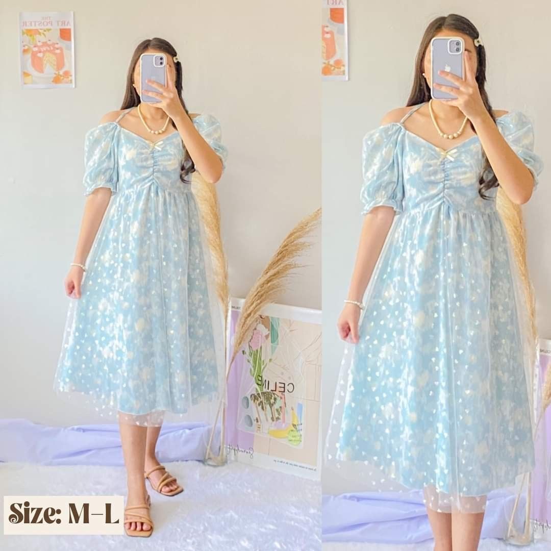 Fairy Love Print Lace Up Lolita Style Blue Puff Maxi Dress on Carousell