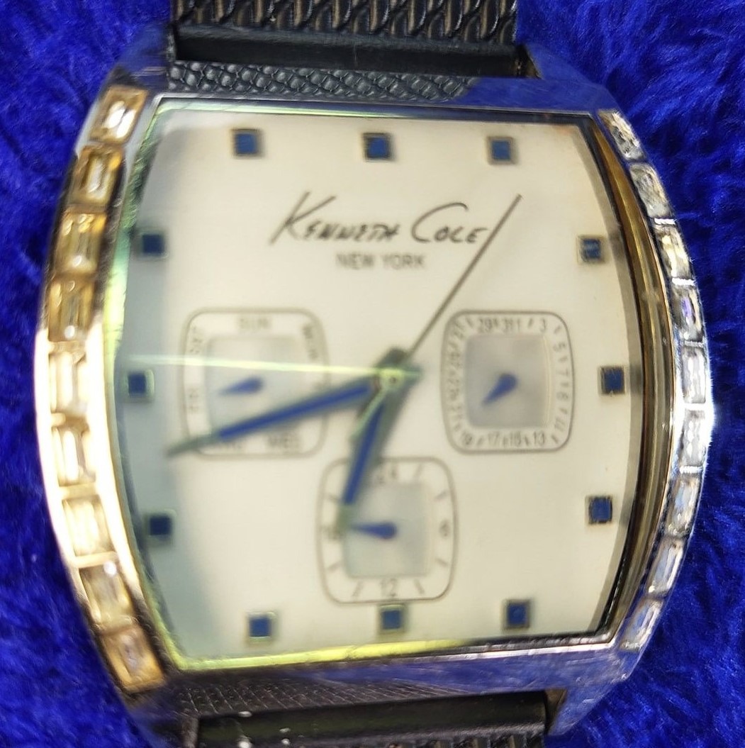 Kenneth Cole Unisex Watch New York Silver Tone Studded Dial Square Day ...