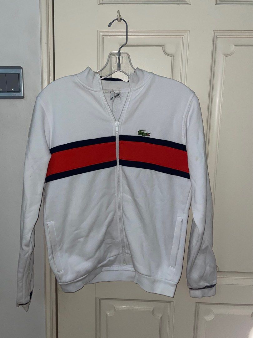 LACOSTE BOMBER JACKET MALE FEMALE WHITE COOL RED STRIPE, Men's Fashion ...