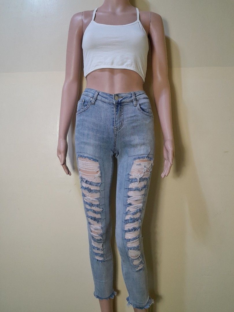 MIXED BAGGY, TATTERED PANTS, Women's Fashion, Bottoms, Jeans on Carousell