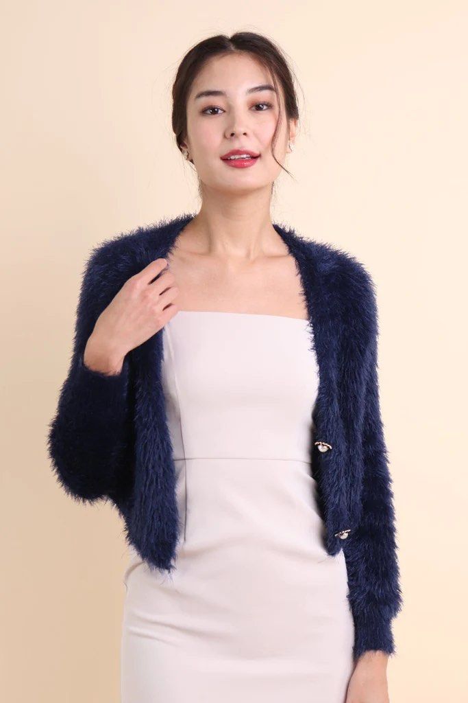 NM Mirabelle Furry Cropped Cardigan in Royal Navy, Women's Fashion ...