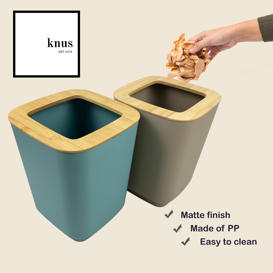 Plastic Trash Bin Square Bamboo Ring Open Top Lid Garbage Container Bin ...