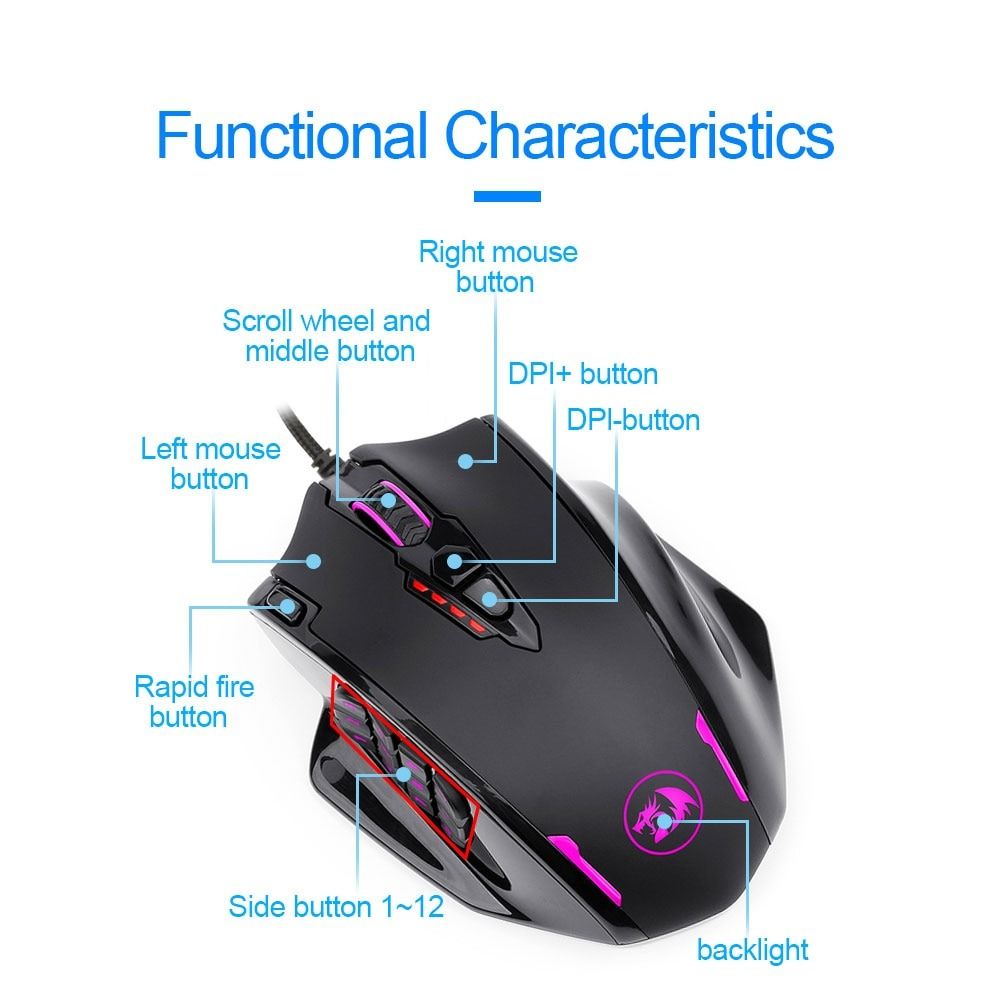 REDRAGON M908 Impact USB wired RGB Gaming Mouse 12400 DPI 17 buttons ...