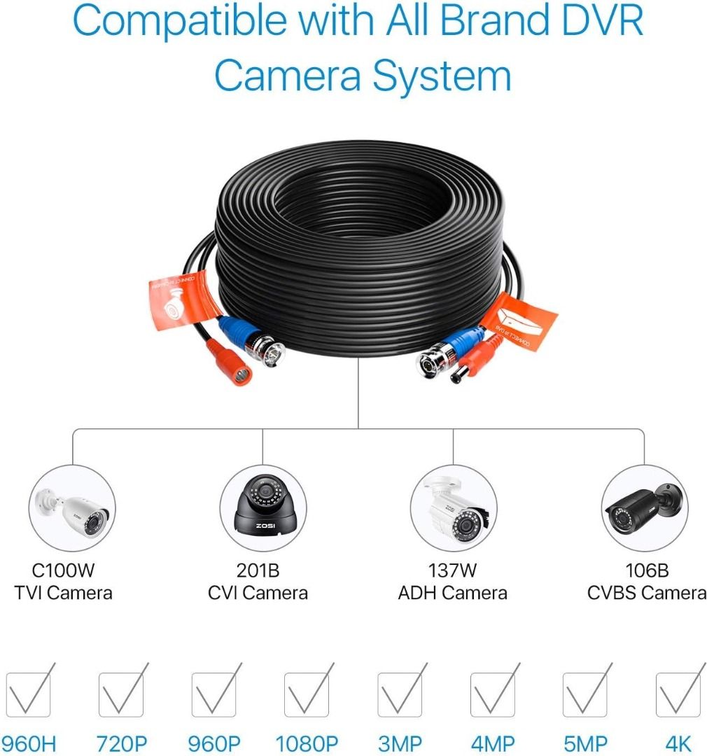 [Stockist.SG] ZOSI 60ft Security CCTV Video Power Cables 4K 8MP 5MP 3MP ...