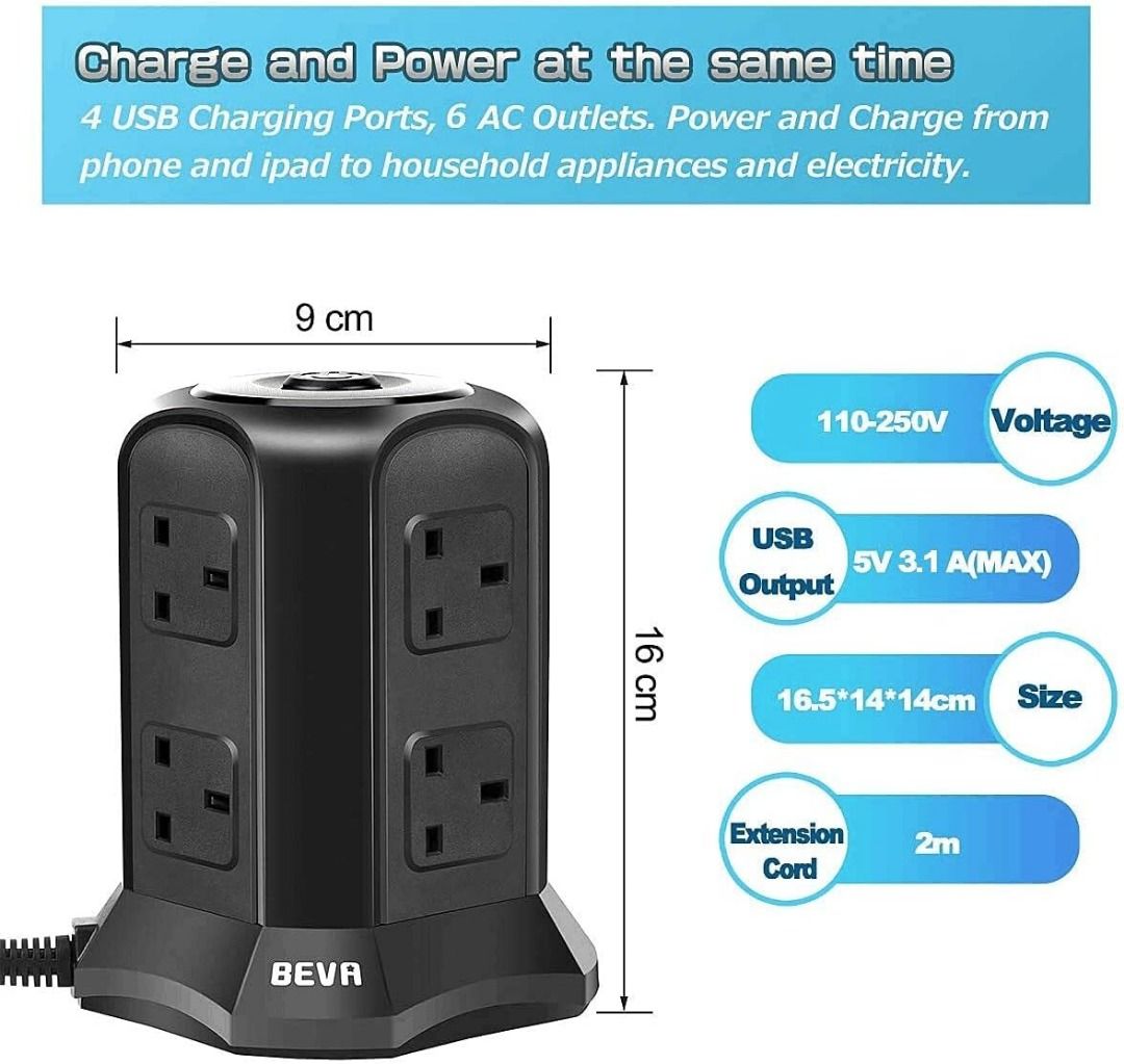 Tower Extension Lead, Vertical Power Strip with 6 sockets and 4 USB ...