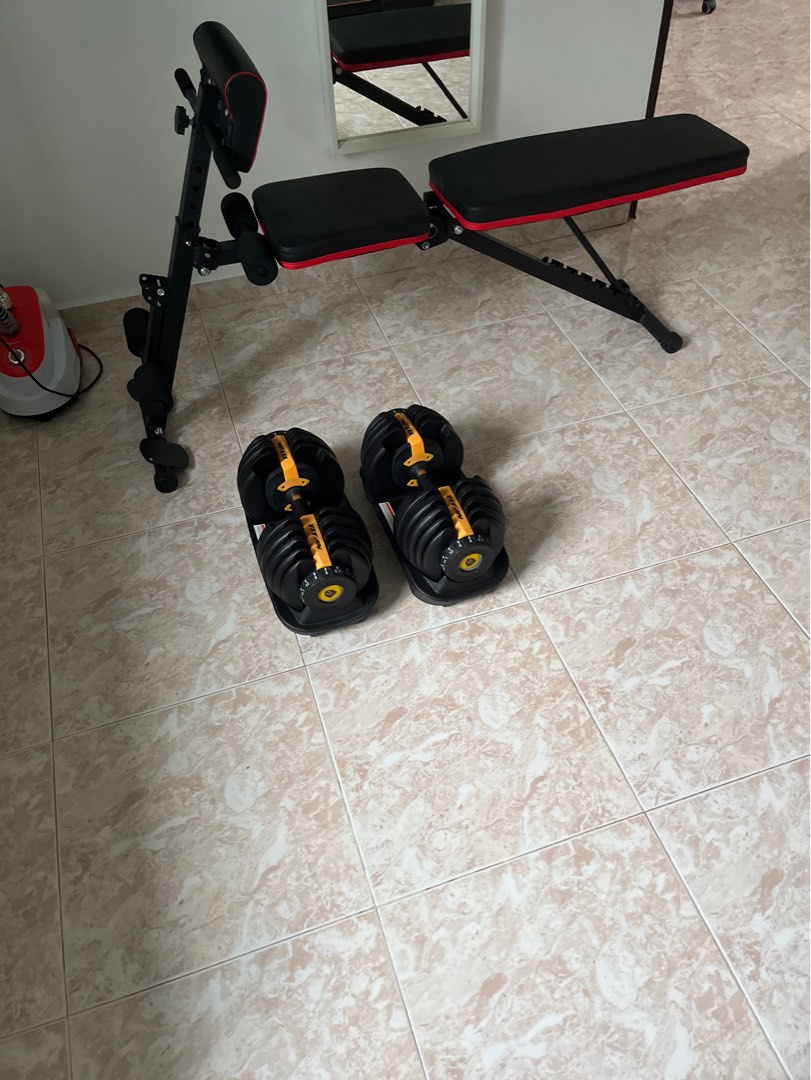 Adjustable dumbbells and work out bench, Sports Equipment, Exercise ...