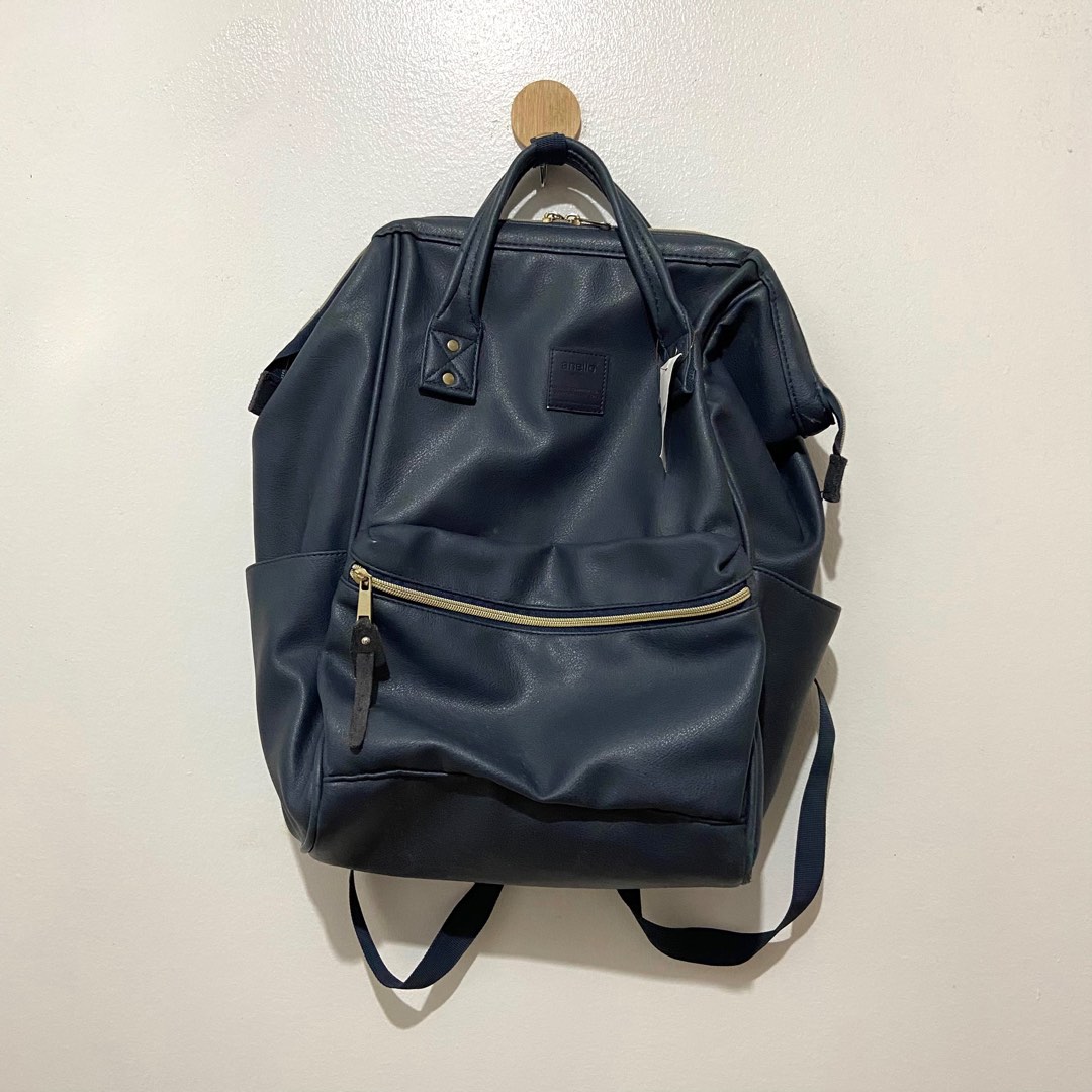 Anello Navy Blue Leather Backpack (Large), Women's Fashion, Bags ...