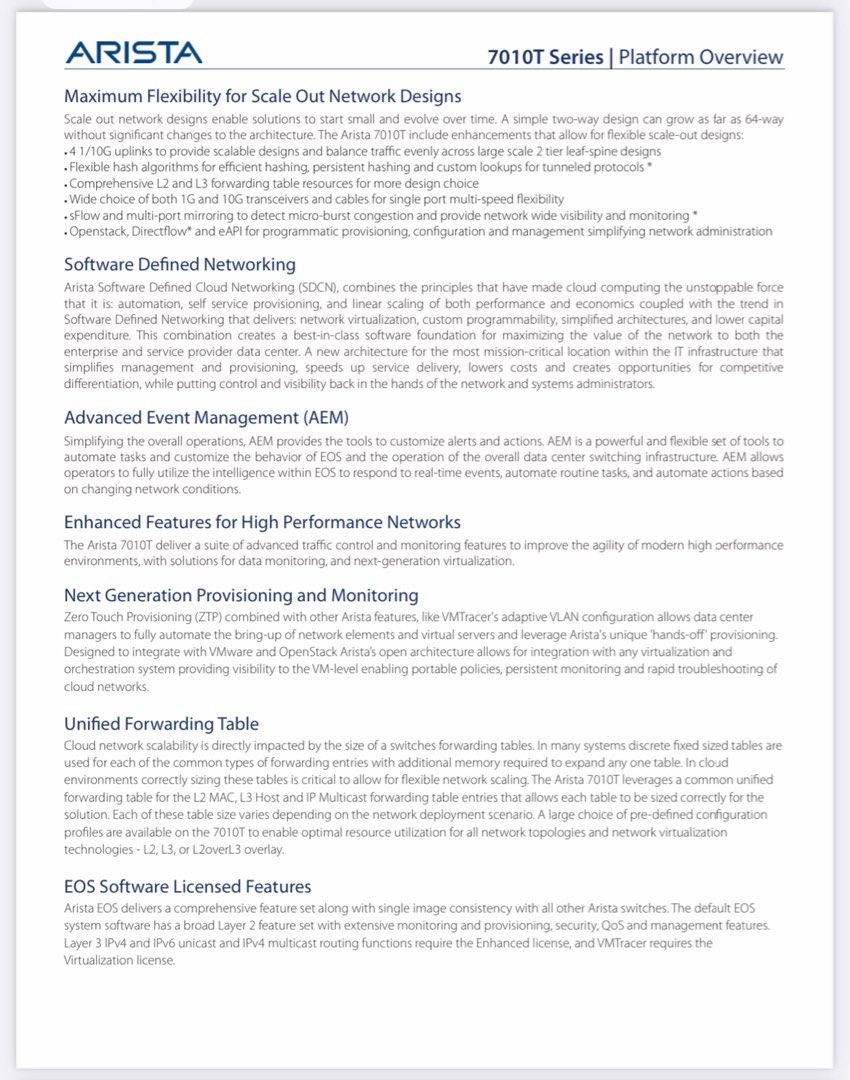 ARISTA 7010T Gigabit Ethernet Data Center Switches, Computers & Tech ...