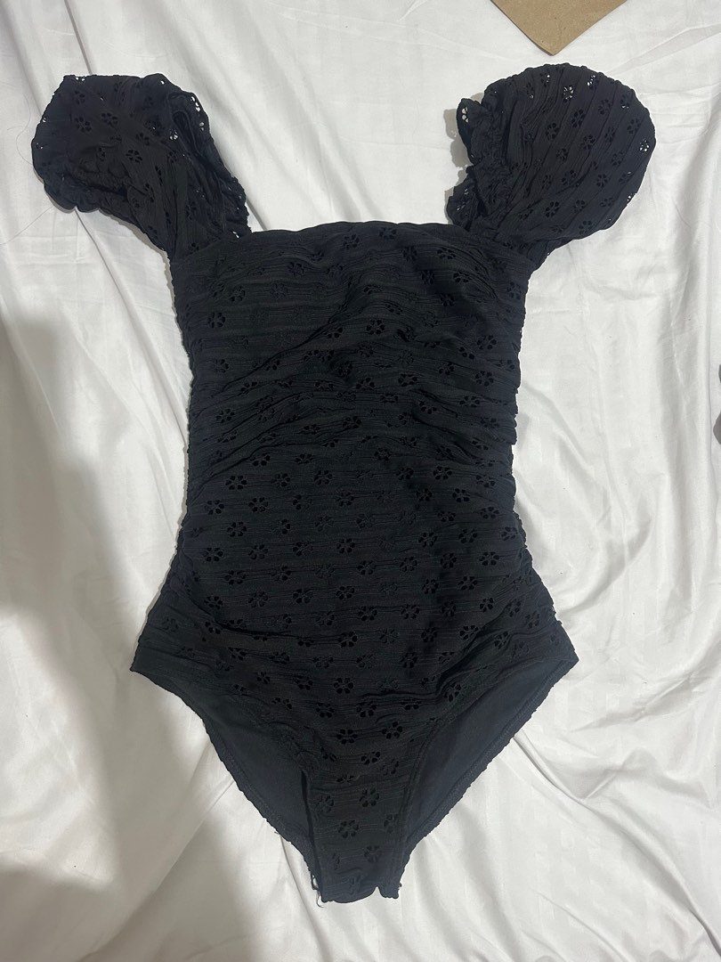 Black Puff Sleeve One Piece Bathing Suit, Women's Fashion, Swimwear ...