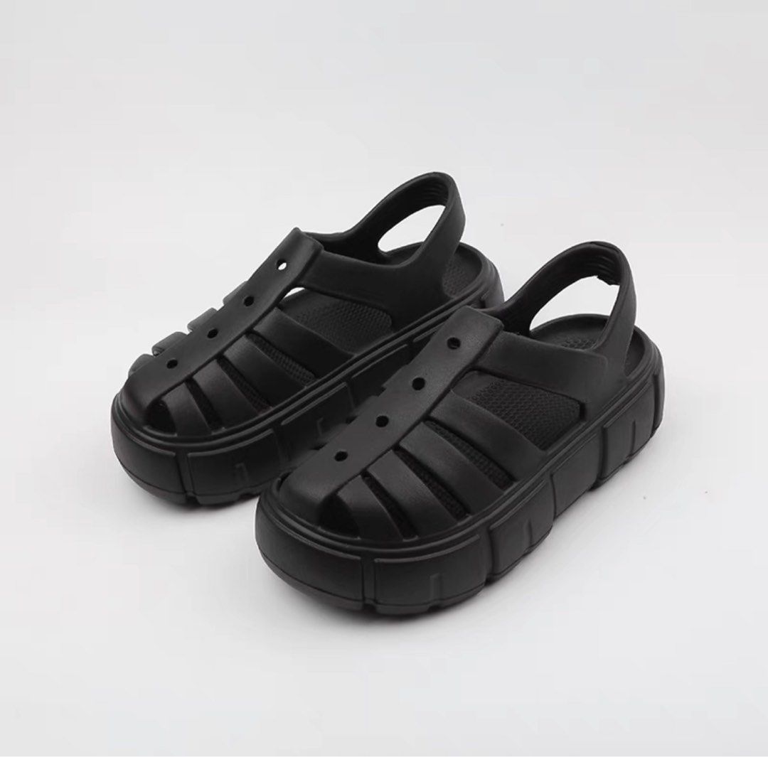 Black rubber caged sandals, Women's Fashion, Footwear, Sandals on Carousell