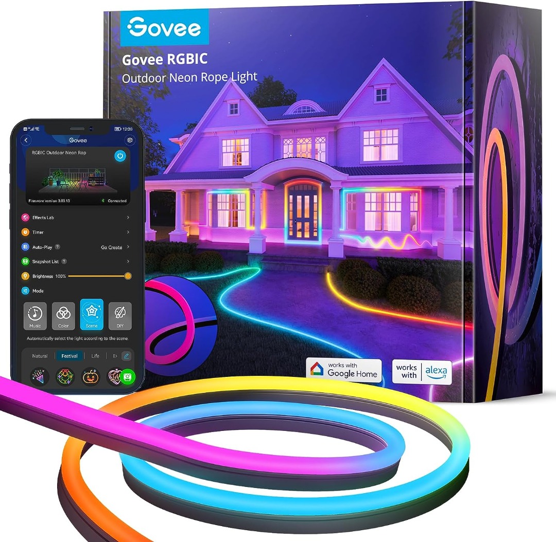 Govee Outdoor Neon Rope Lights, 32.8ft RGBIC IP67 Waterproof Halloween ...