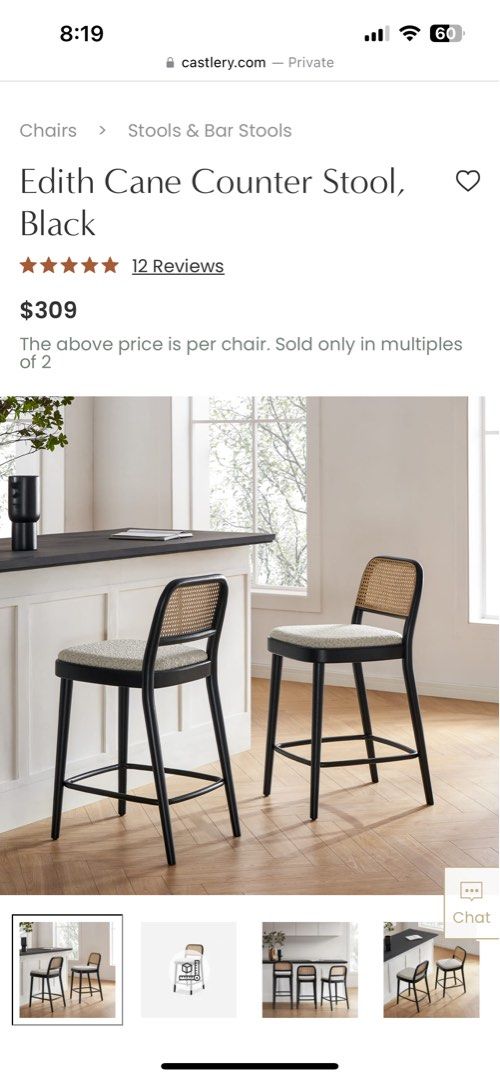 Island chair x2 Castlery Edith Cane Counter Stool, Furniture & Home ...