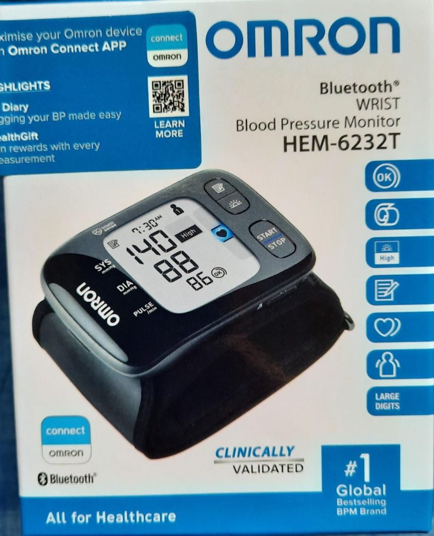 Omron Bluetooth Wrist Blood Pressure Monitor (HEM-6232T), Health ...