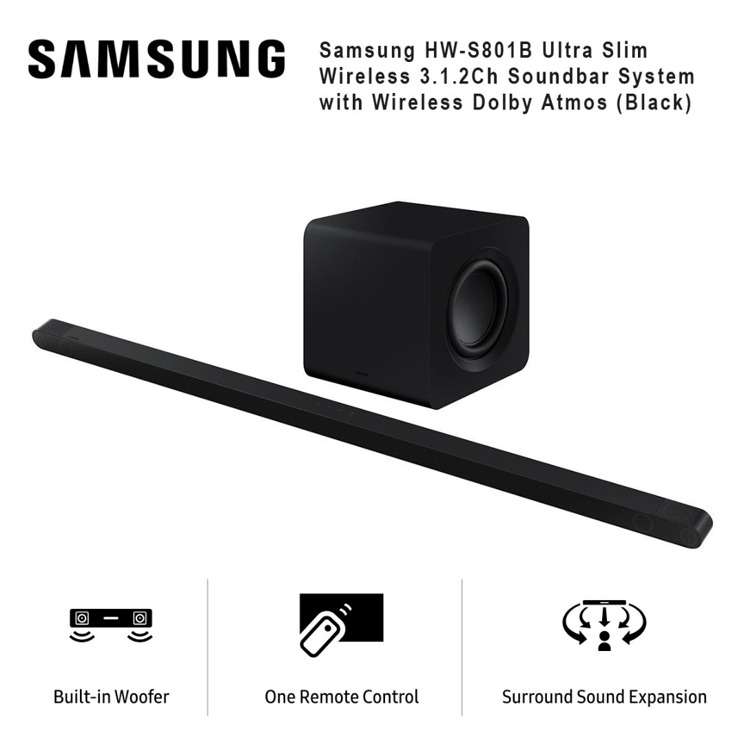 Samsung HW-S801B Ultra Slim Wireless 3.1.2Ch Soundbar System with Wireless Dolby Atmos (Black ...