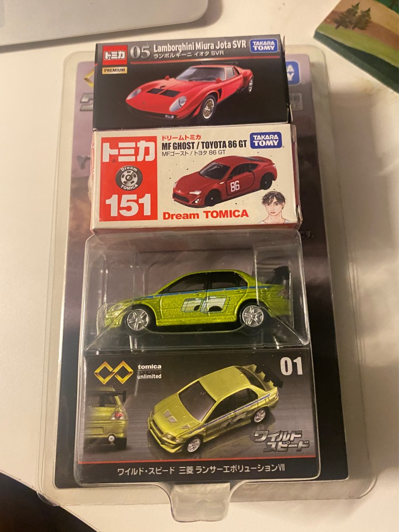 Tomica Premium Mitsubishi Lancer Evolution VII / MF Ghost Toyota 86 / Lamborghini Miura Jota SVR ...