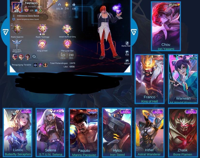 WTS MOBILE LEGENDS ACCOUNT WITH CHOU KOF + FRANCO LEGEND + 230 SKINS ...