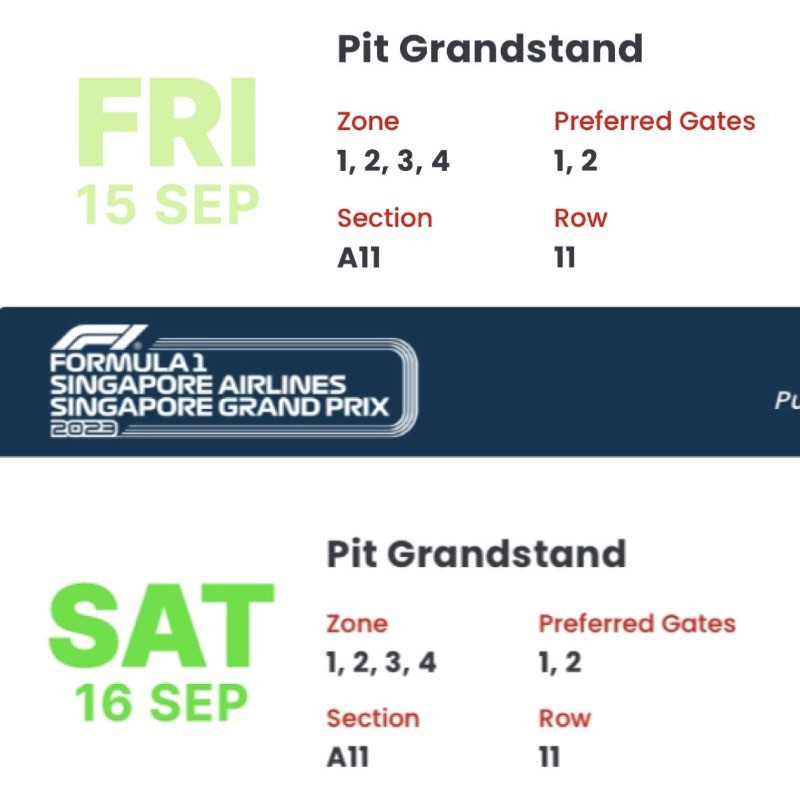 x2 F1 Pit Grandstand ticket, section A11 row 11 (friday, saturday ...