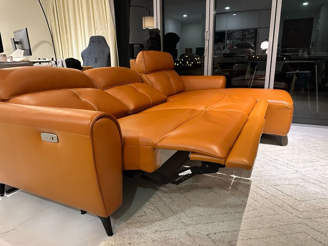 3 Seater Genuine Leather Sofa with Chaise and Automatic Recliner ...