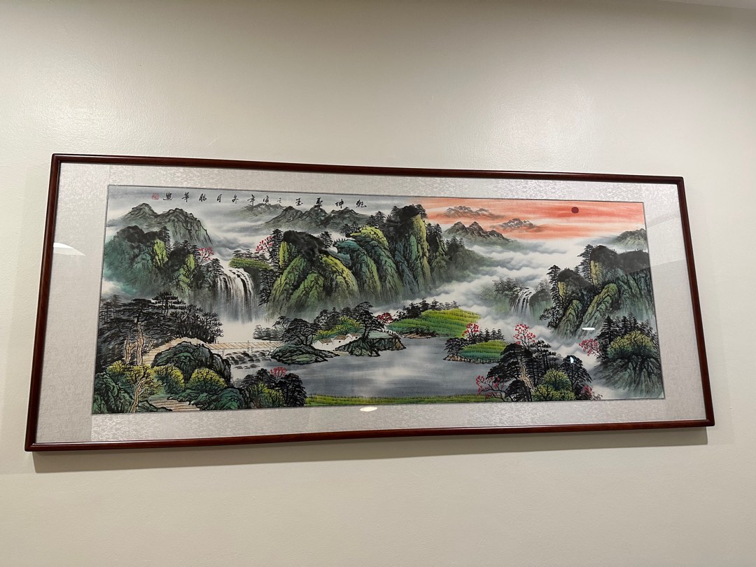 chinese landscape waterfall mountains greenery view display painting ...