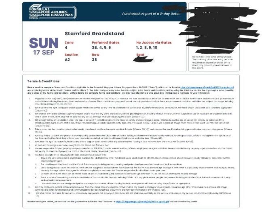 F1 2023 , Singapore GP , grandstand tickets, Tickets & Vouchers, Event ...