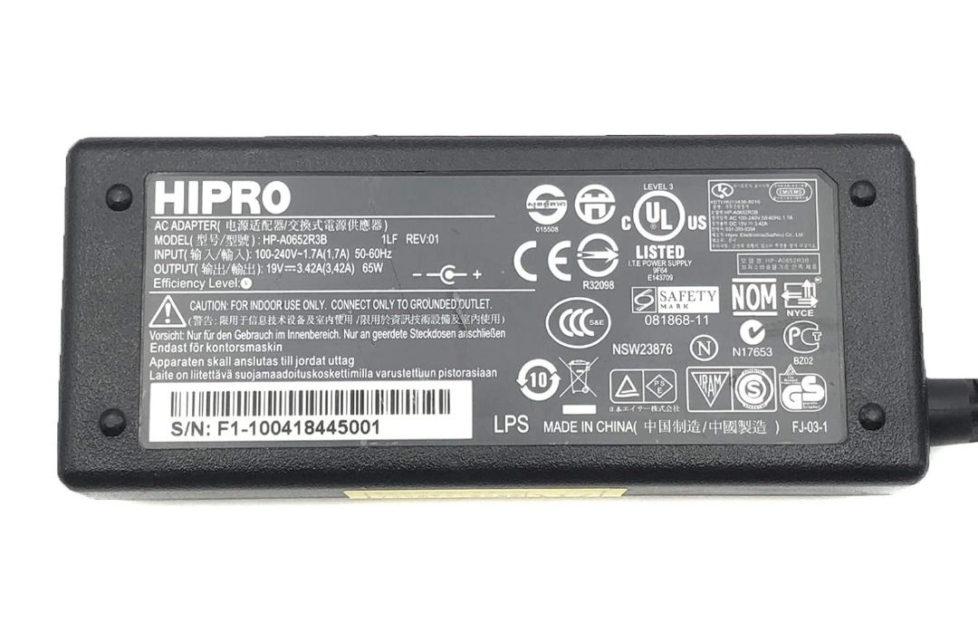 Hipro 原裝 HP-A0652R3B 交流適配器 19V 3.42A 65W 帶英國電源線 （輕度使用） Hipro Original ...