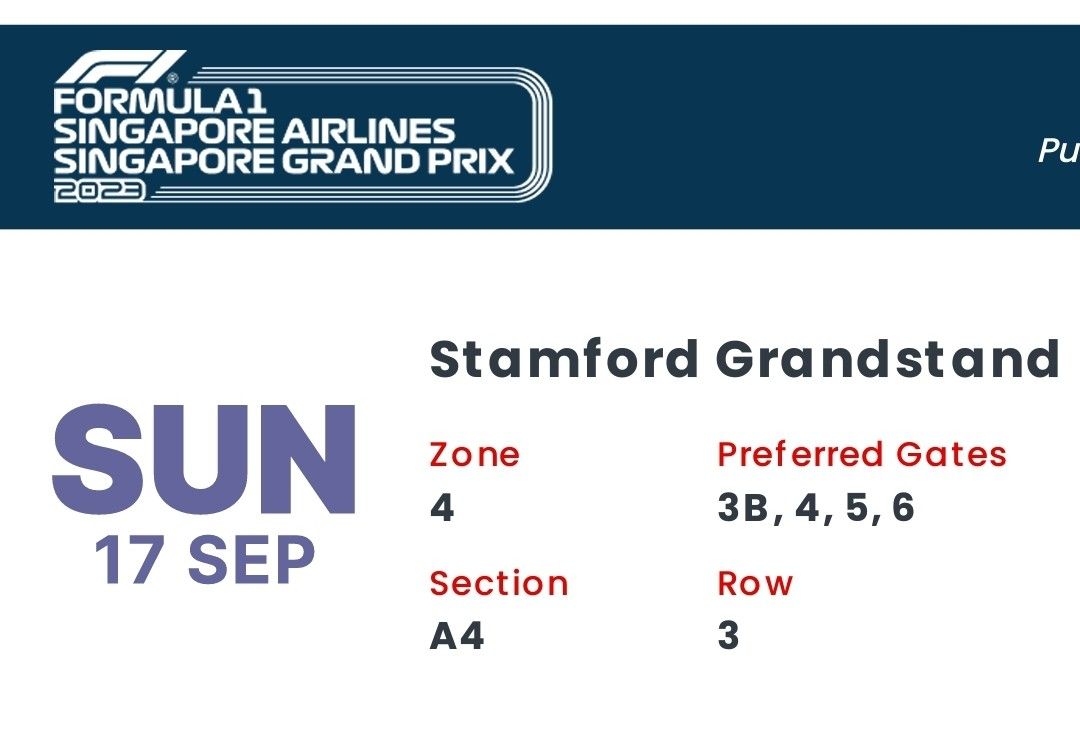 Stamford Grandstand for Sunday F1 Singapore 2023, Tickets & Vouchers ...