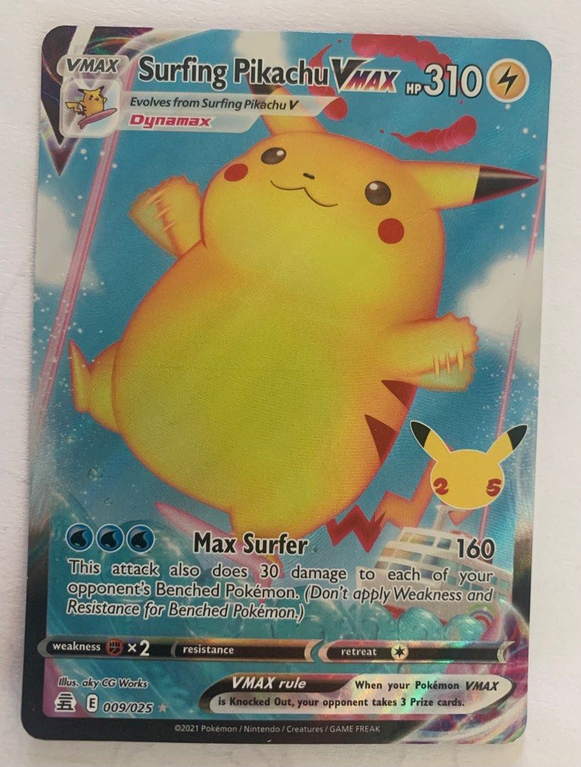 Surfing Pikachu VMAX 25th Anniversary Edition #009, Hobbies & Toys, Toys & Games on Carousell