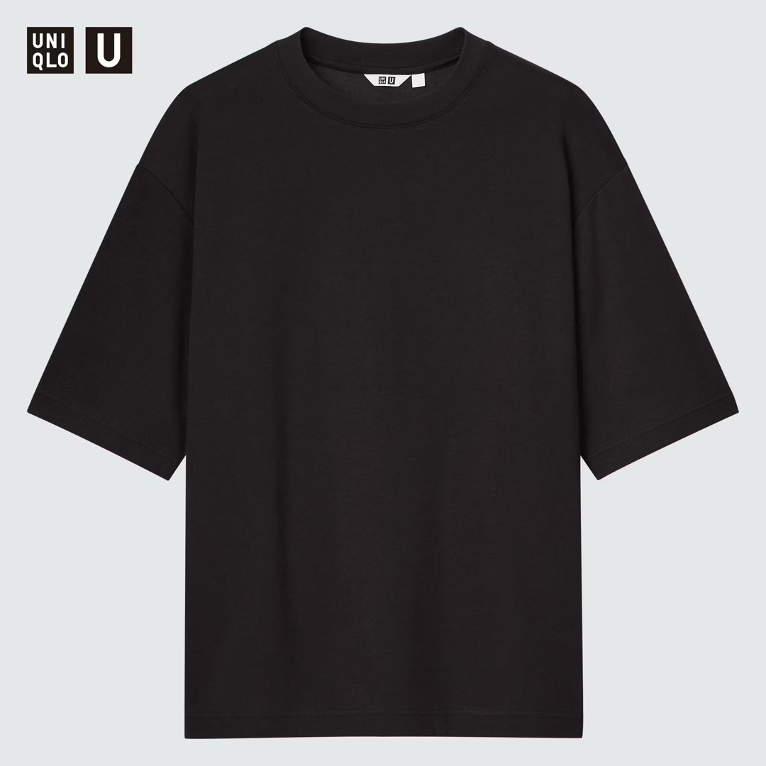 UNIQLO U AIRism Black Cotton Crew Neck Oversized T-Shirt, Men's Fashion ...