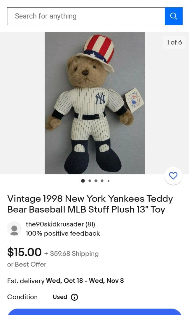 Vintage 1998 New York Yankees Teddy Bear Baseball MLB Stuff Plush 13 ...