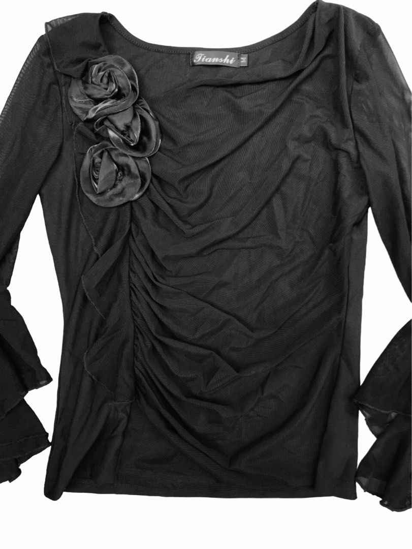Vintage mesh coquette flowy top with mesh roses design, Women's Fashion ...