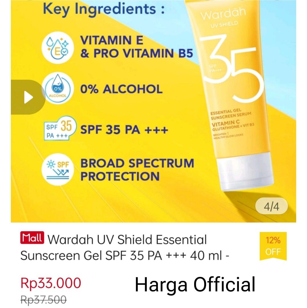 Wardah UV Shield Essential Sunscreen Gel SPF 35 PA +++ 40 ml, Kesehatan & Kecantikan, Kulit ...