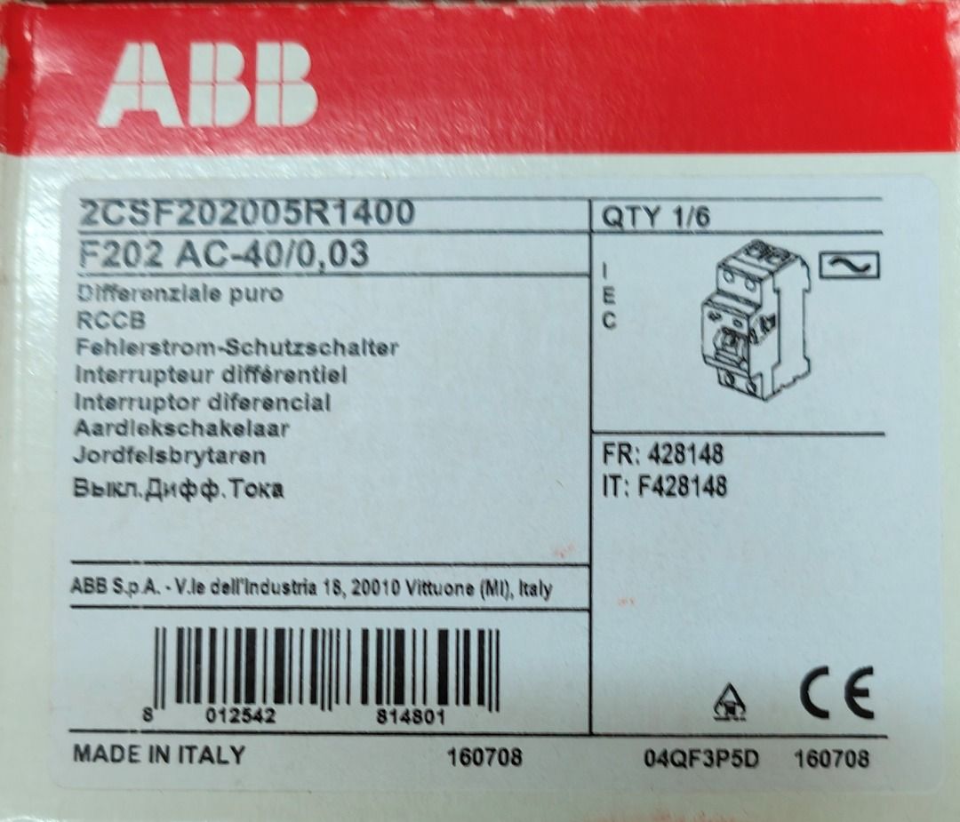 ABB RCCB, 40A, 2 Pole, 30mA, Type A (Model Number 2CSF202102R1400) with Singapore Safety Mark ...