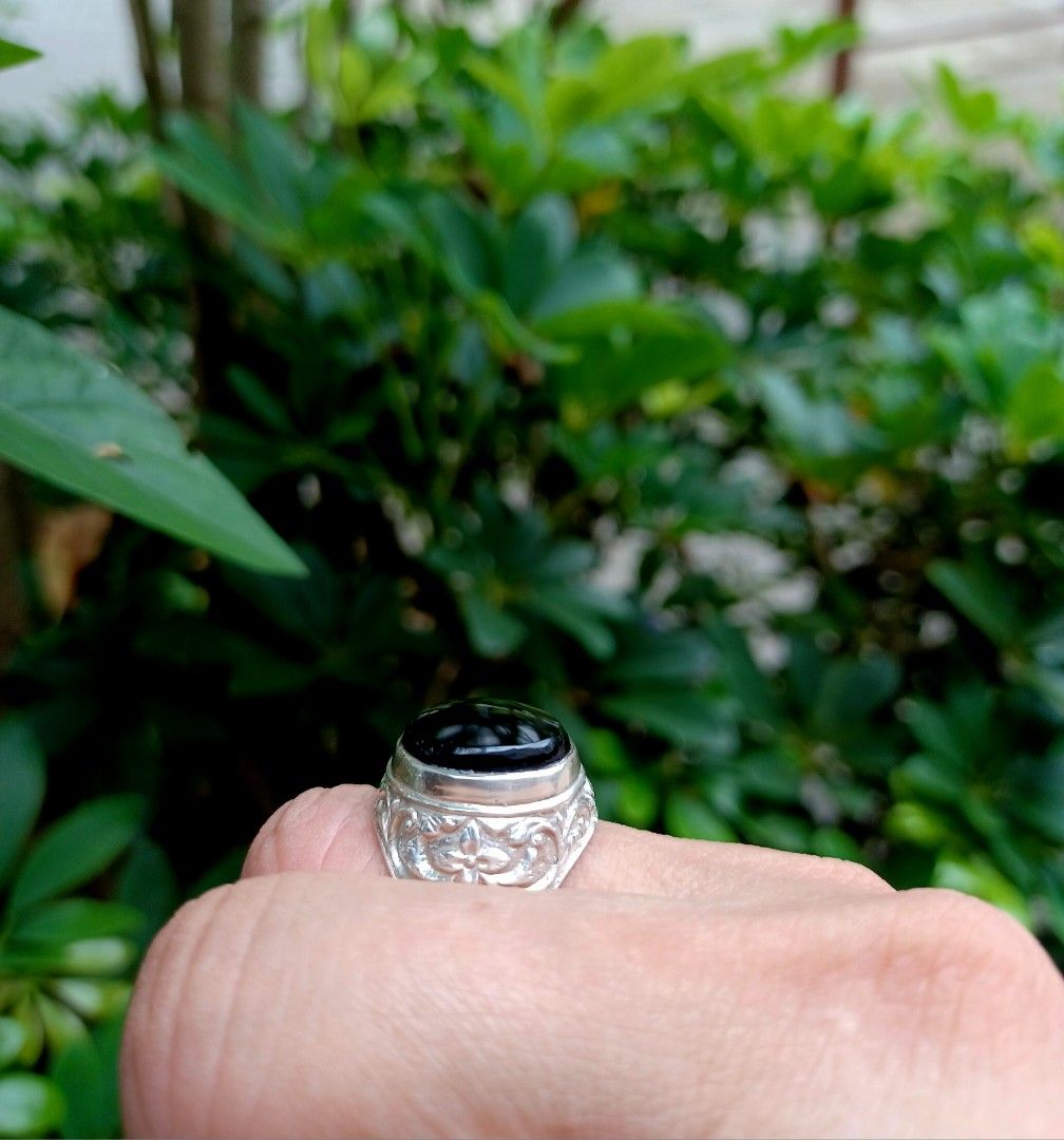 Akek Yaman hitam suluh merah ring perak pahat bunga size 17, Women's ...